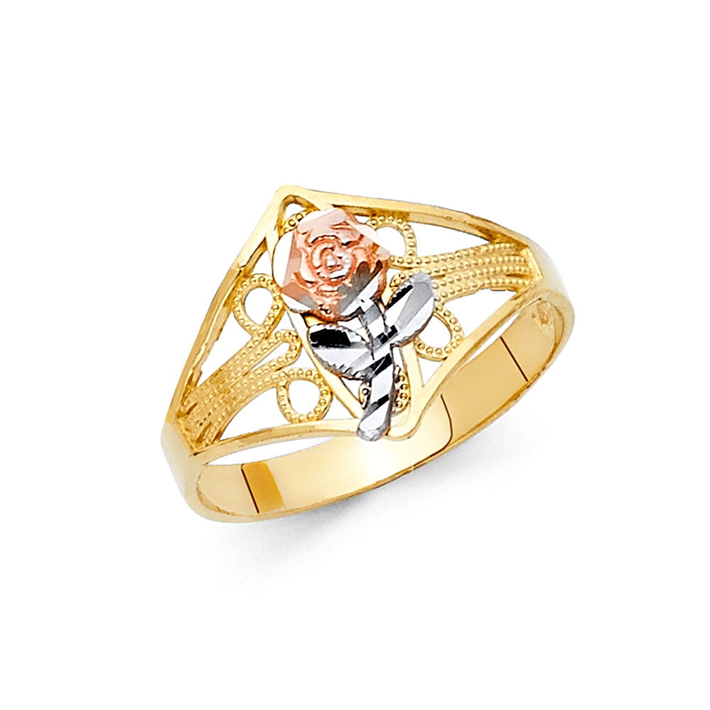 Fancy Rose Flower Ring 14k Yellow White Rose Gold Curved Band Diamond ...