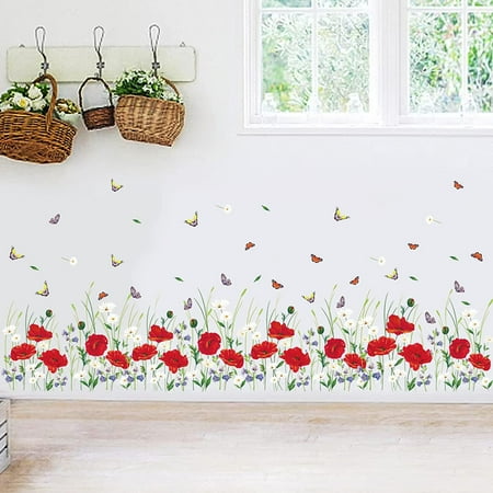 Compuye Garden Flower Wall Corner Decals Red Poppy Butterfly Floral ...