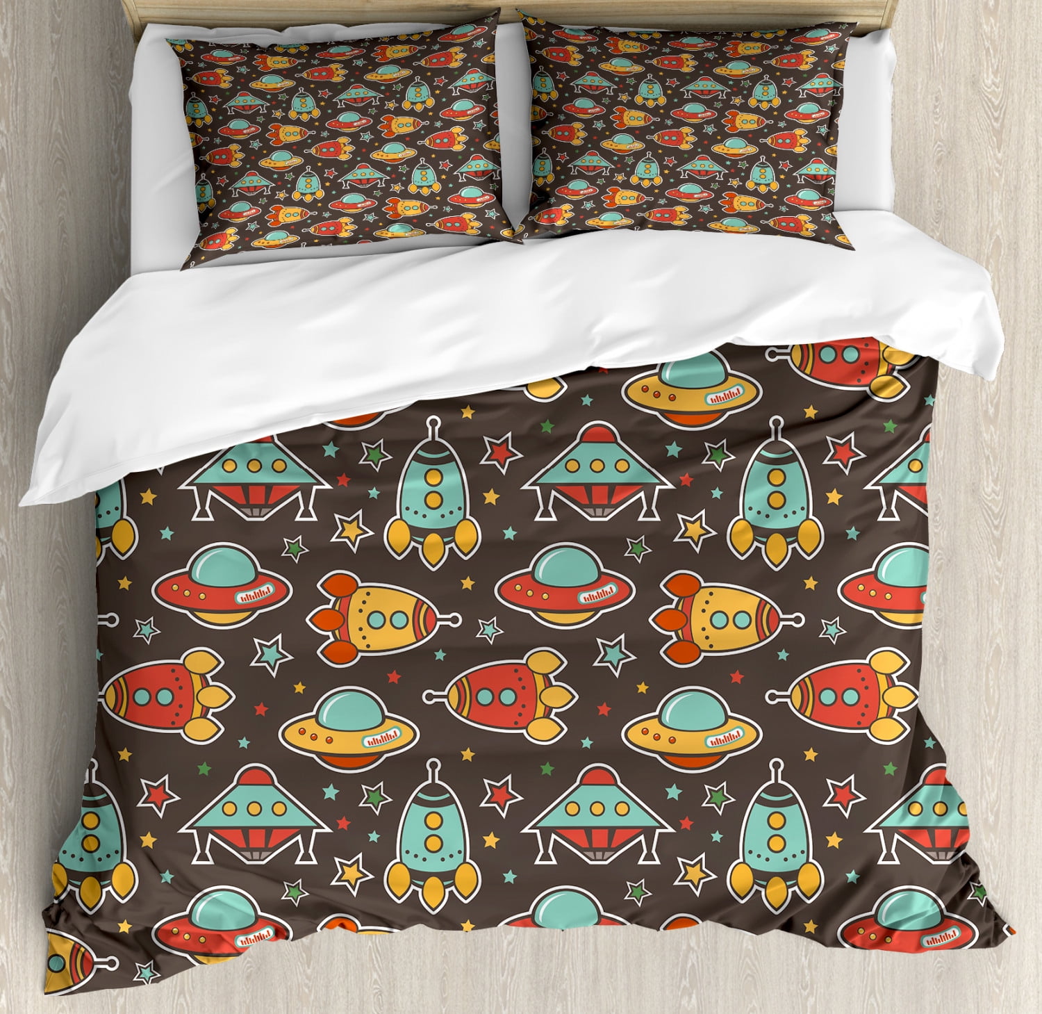 Space Duvet Cover Set Queen Size, Outer Space Elements Rockets UFO and ...