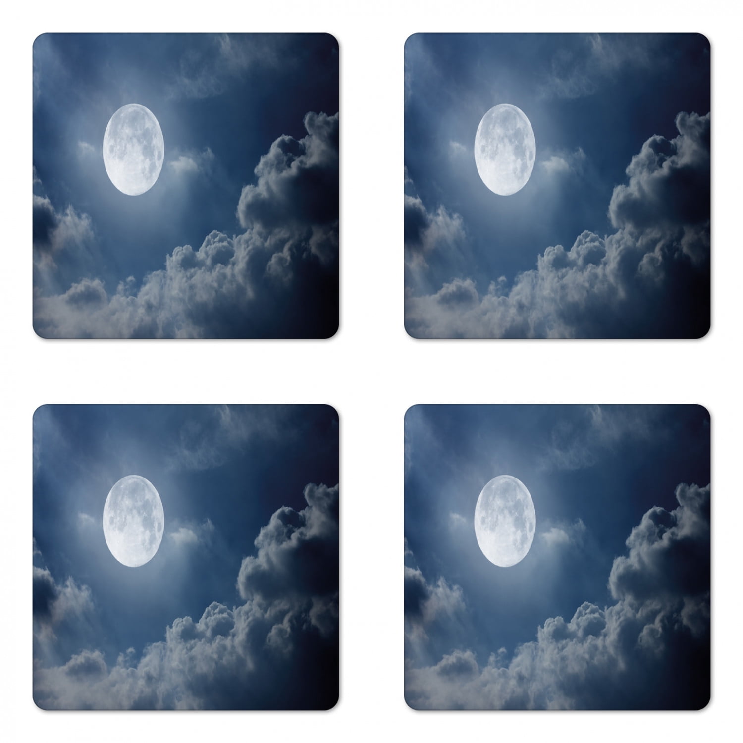 Moon Coaster Set of 4, Night Sky with Full Moon and Clouds Nature ...