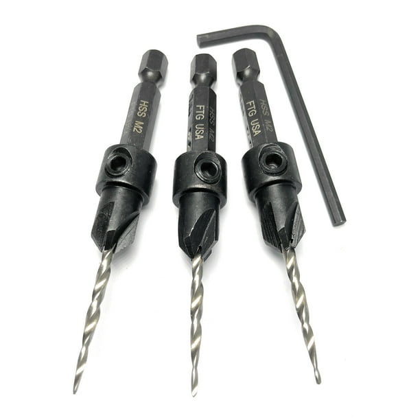 FTG USA Countersink Drill Bit Set 3 Pc Tapered #4(7/64") Countersink ...