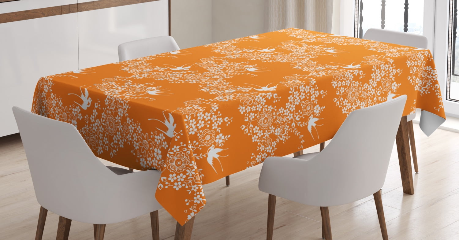 Orange Tablecloth, Asian Style Spring Meadow Pattern with Branches in ...