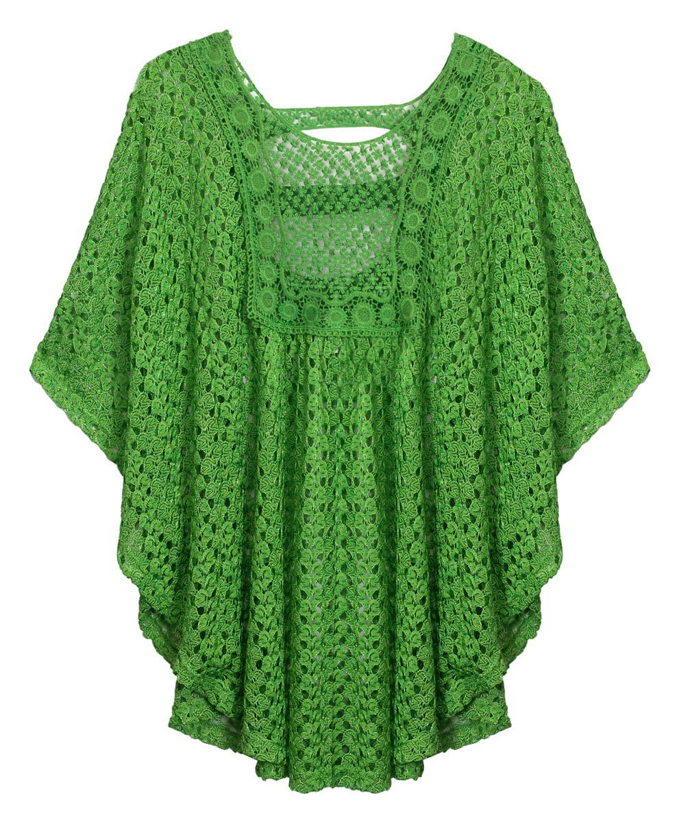 Evogues Plus Size Sheer Crochet Poncho Top Green