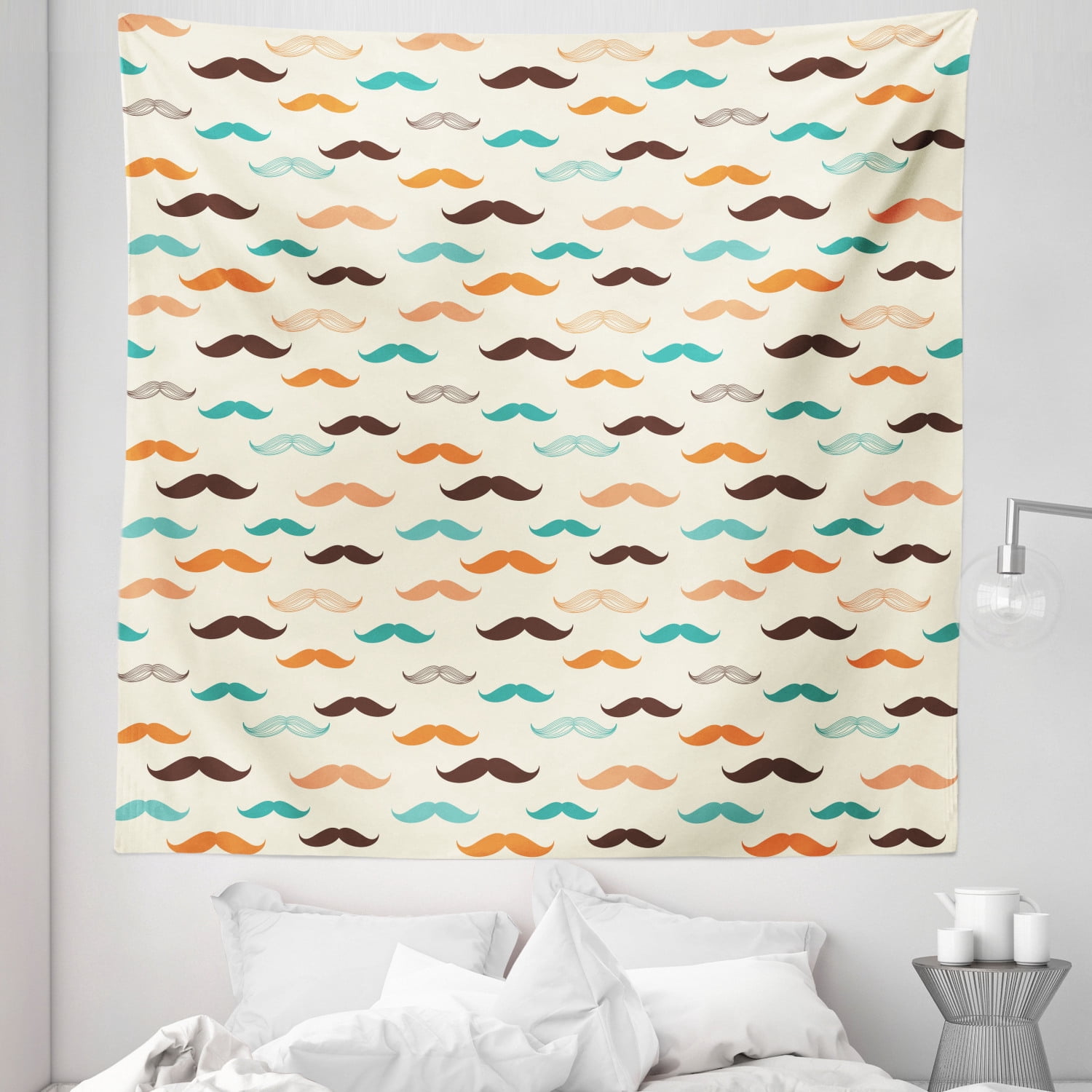 Indie Tapestry, Retro Mustache Pattern in Colorful Design Curly Shapes ...