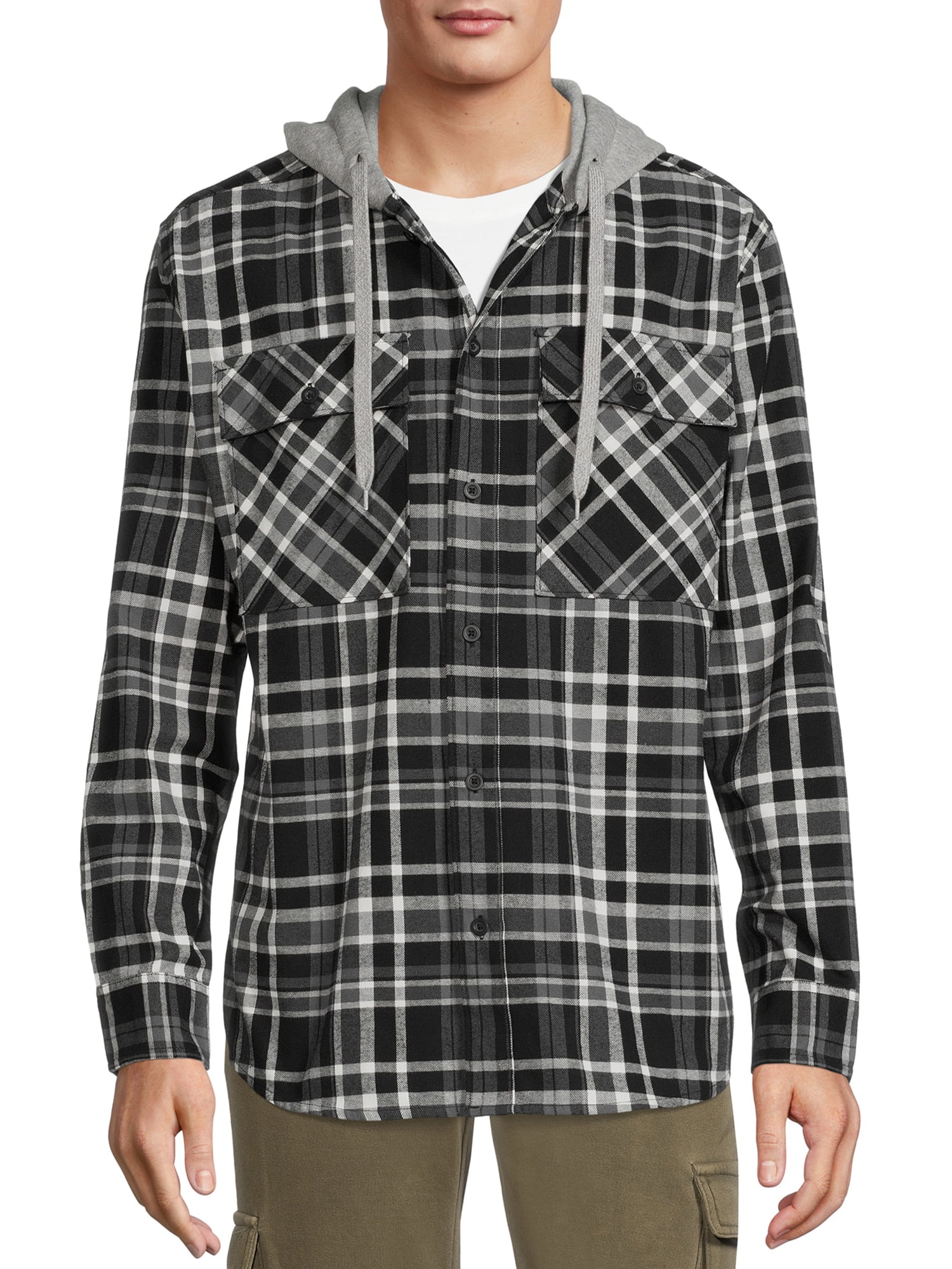 No Boundaries Men's and Big Men's Hooded Flannel Shirt with Long ...