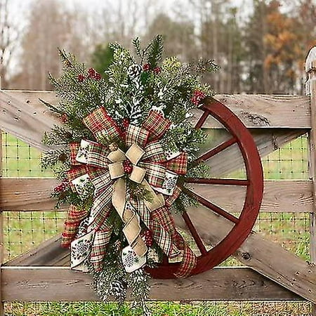 Red Wagon Wheel Wreath With Ribbons Pine Trees Berries | Vintage ...