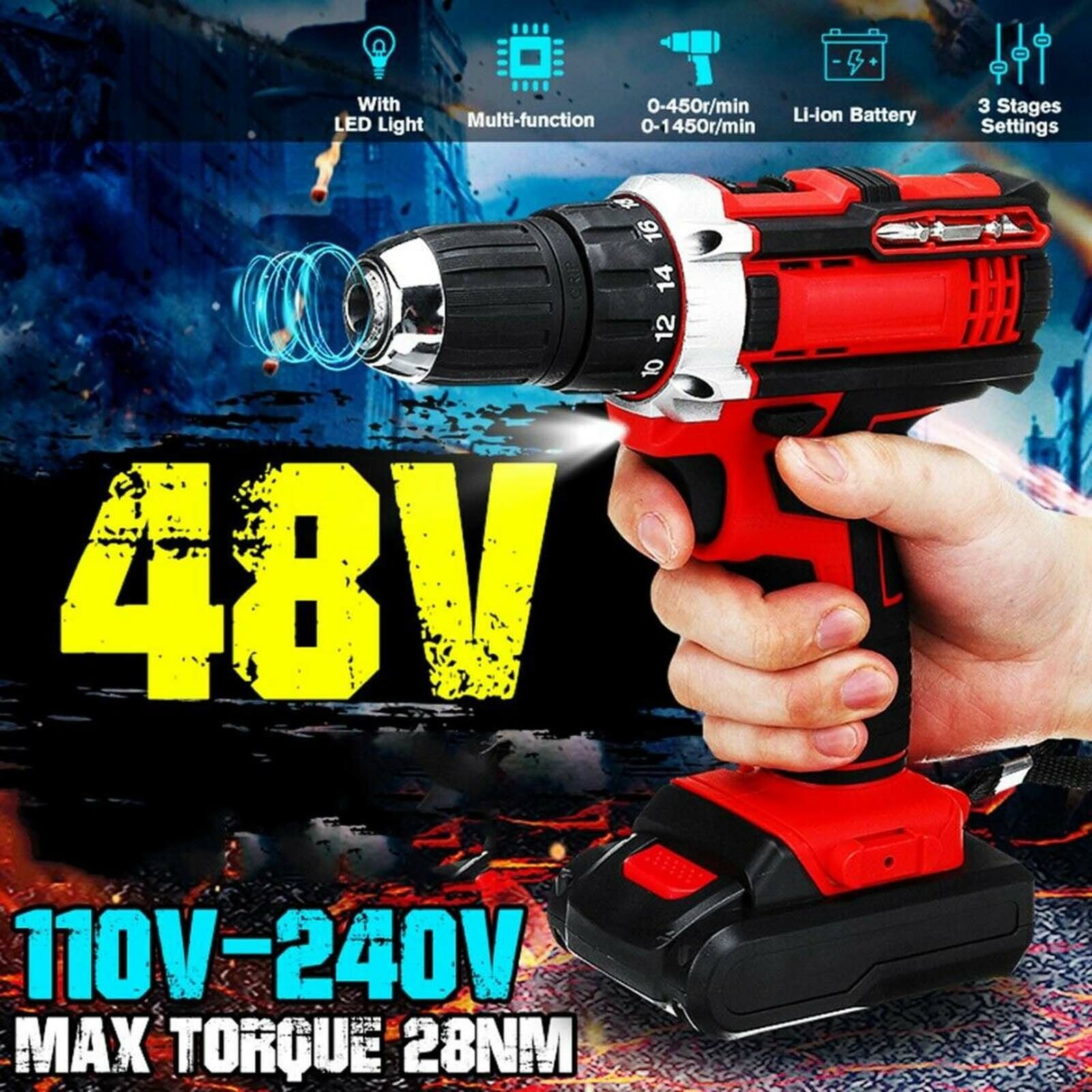 48V Electric Torque Impact Drill Cordless Hammer Screwdriver 25+3 With ...