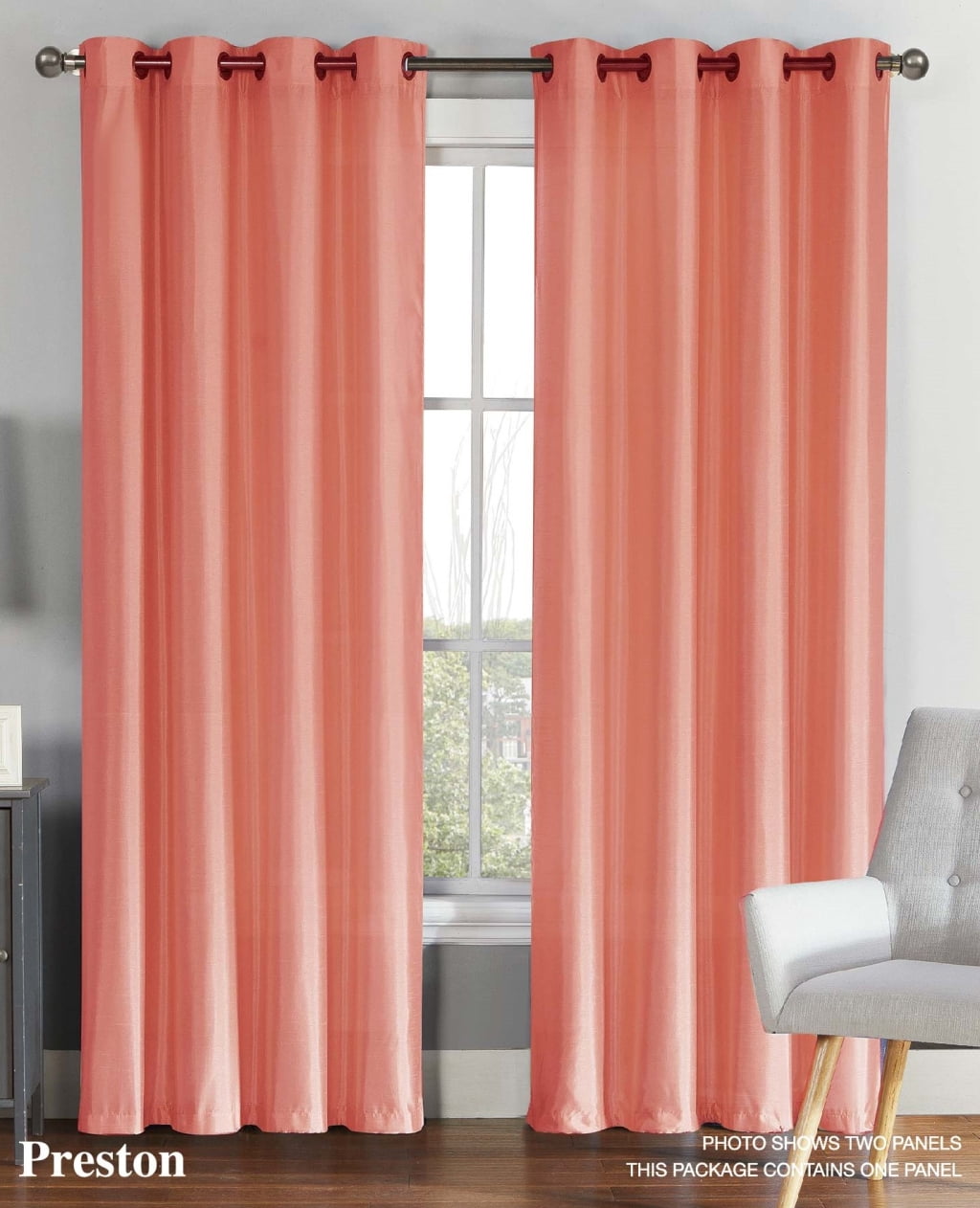Single (1) Coral Window Curtain Panel: Faux Silk, Silver Grommets, 55 ...