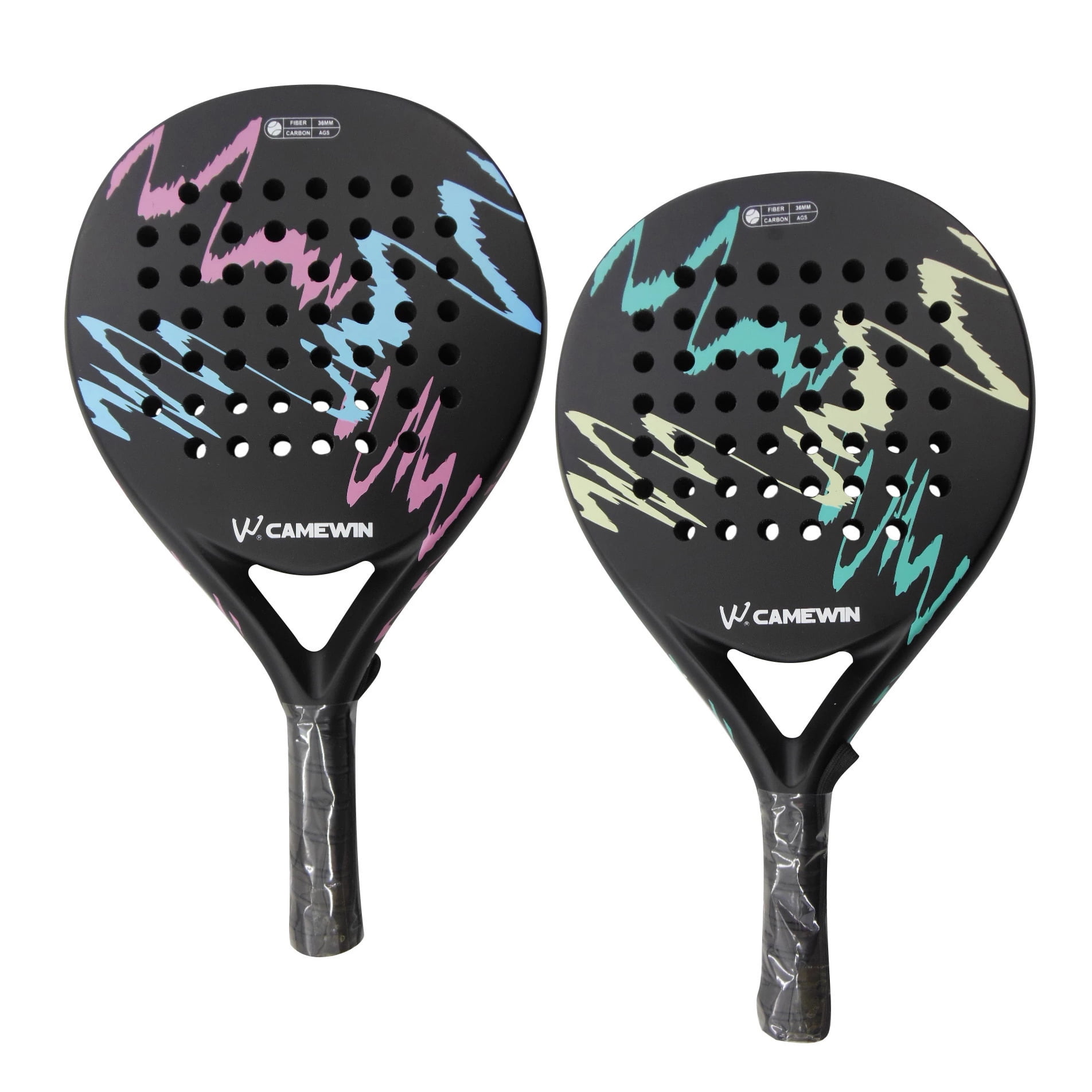 2 Palas de Pádel Profesional Camewin Fibra de Carbono Rosa/Verde Pi ...