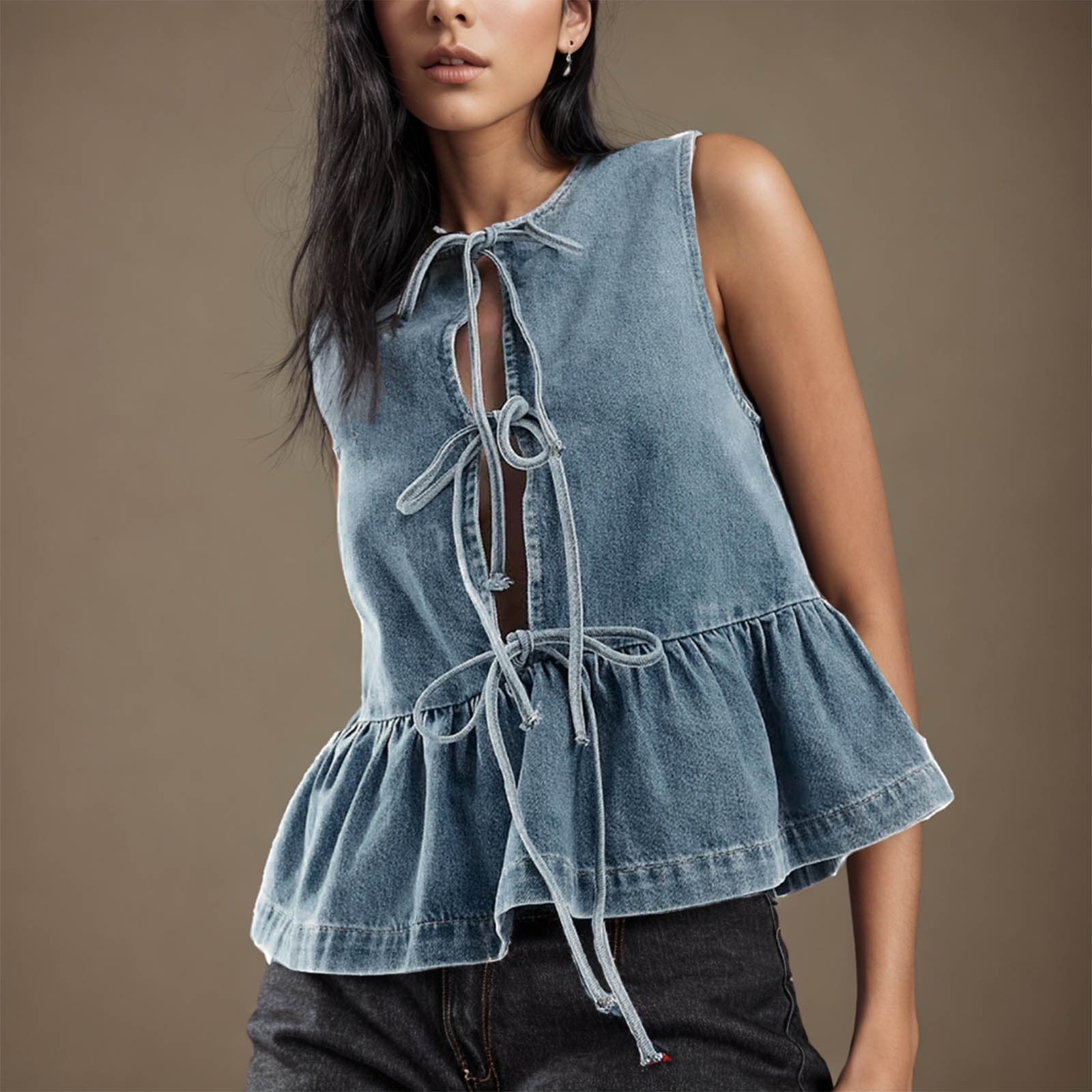 Click here for Breaise Women Denim Vest Top Tie Front Peplum Top... prices