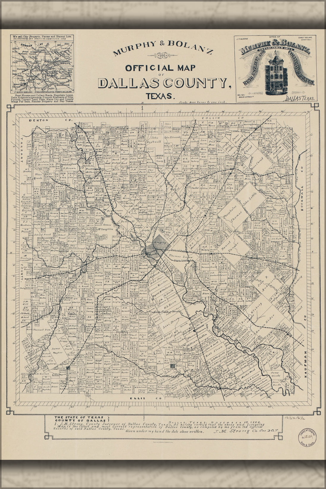 24"x36" Gallery Poster, Official map of Dallas County, Texas 1886 ...