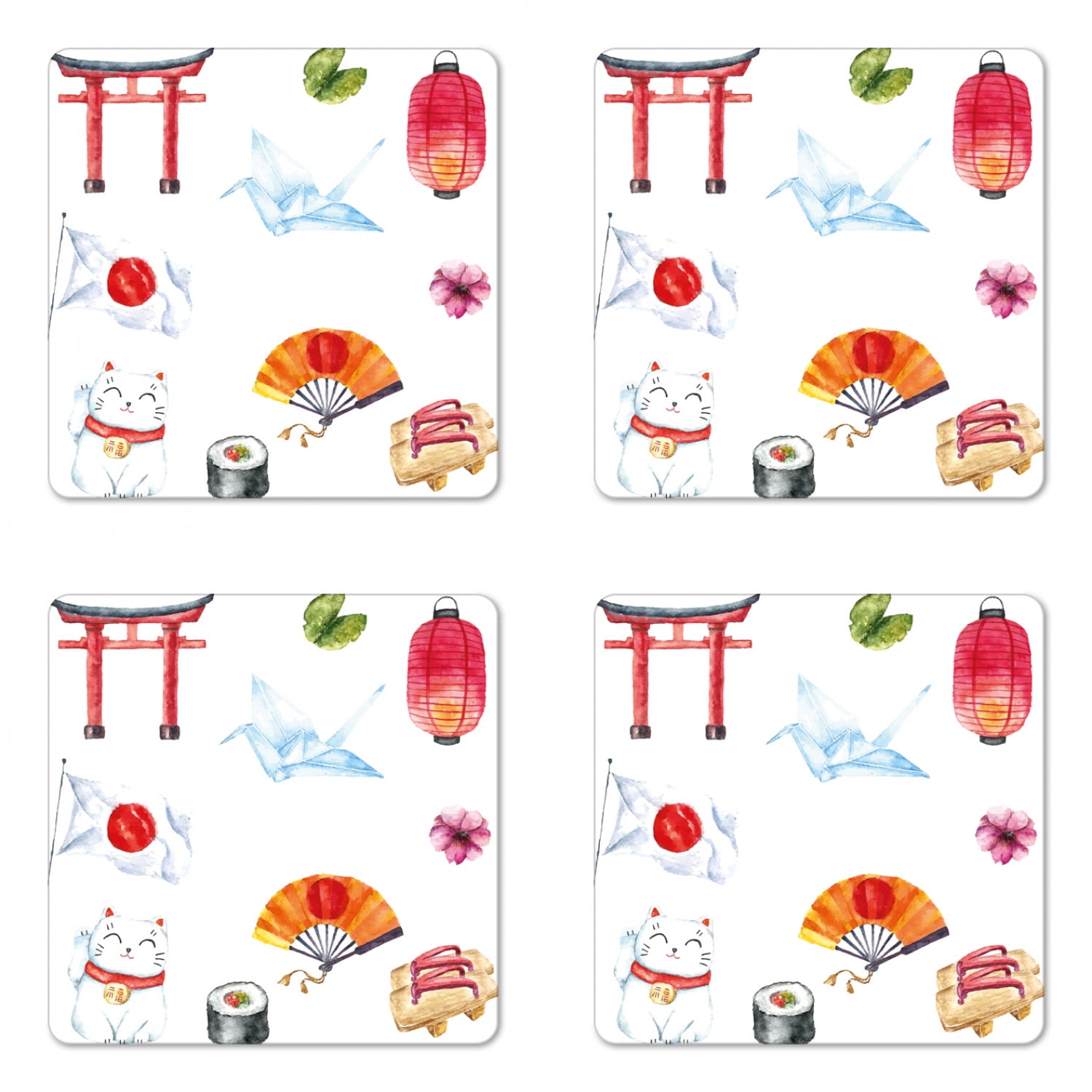 Japanese Coaster Set of 4, Hand Drawn Traditional Elements Watercolors ...