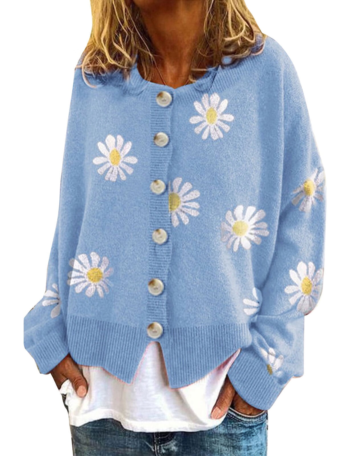 Cardigan Sweaters for Women Plus Size 3XL Daisy Flower Floral Print ...