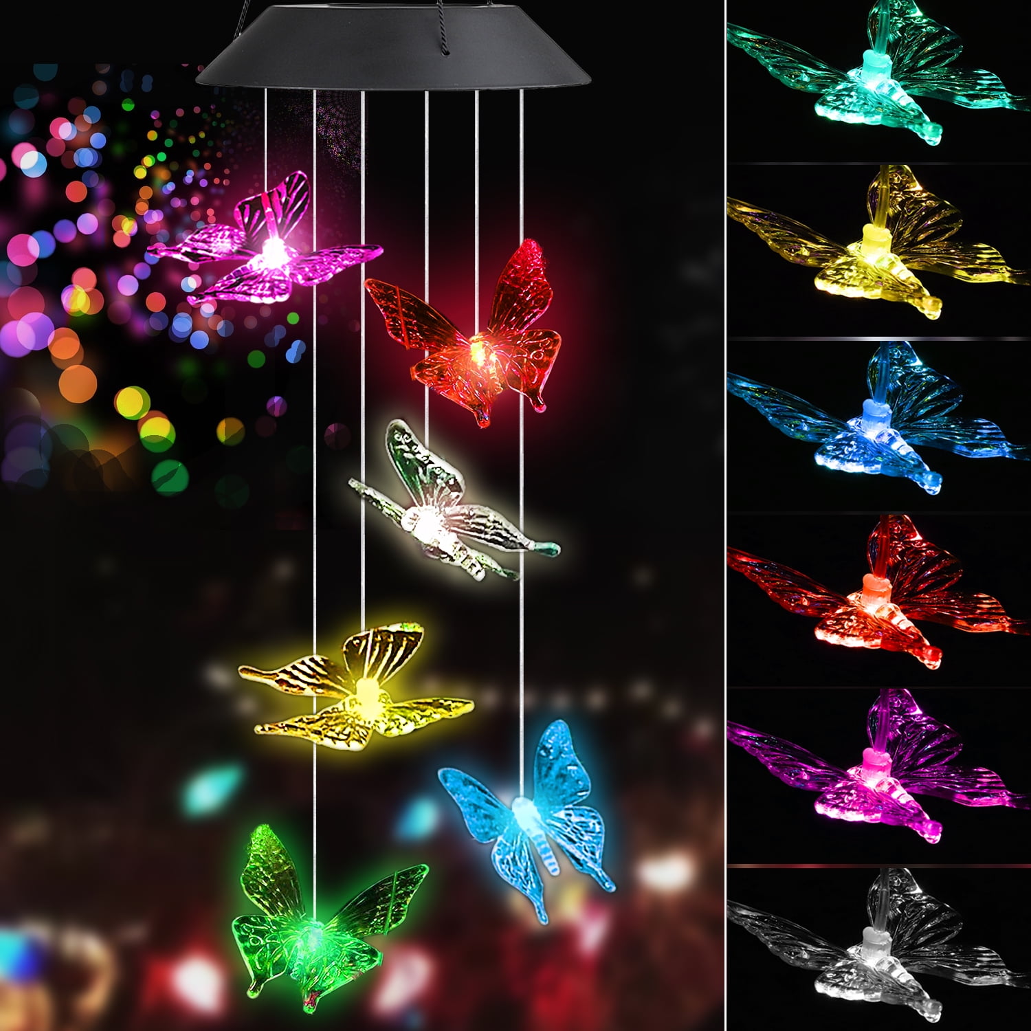 Color Changing Solar LED Wind Chimes Butterfly Hummingbird Stars Lights ...