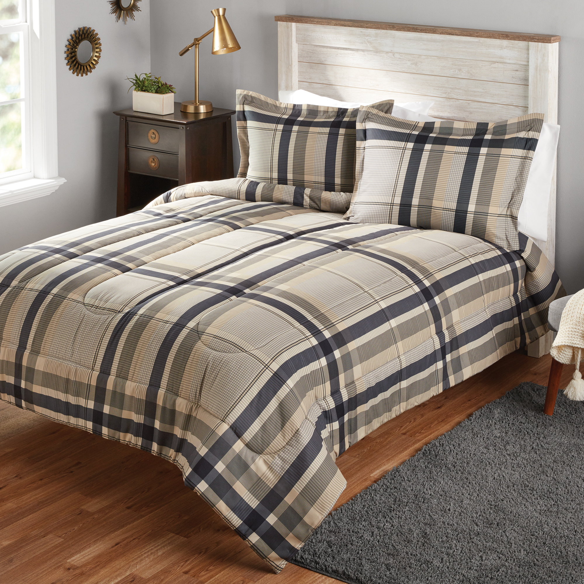 Mainstays Full Or Queen Plaid Printed Black Tan Comforter Mini Set 3 Mainstays Full Or Queen Plaid Printed Black Tan Comforter Mini Set 3