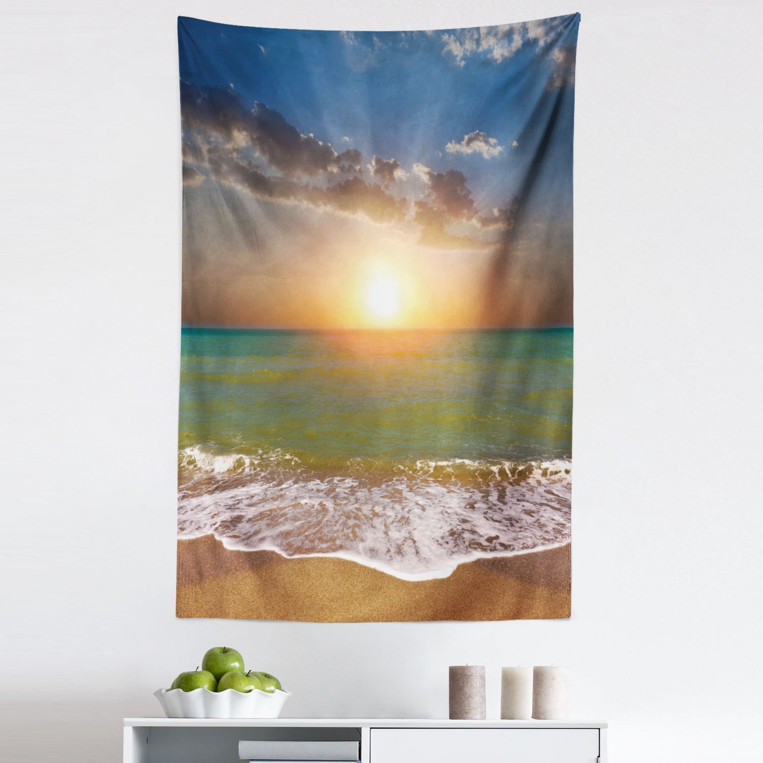Seascape Tapestry, Panorama of Sunset over Ocean Horizon and Sand Beach ...