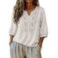 Baberdicy Ladies' Cotton Linen Embroidery Top Collared Long Sleeve ...