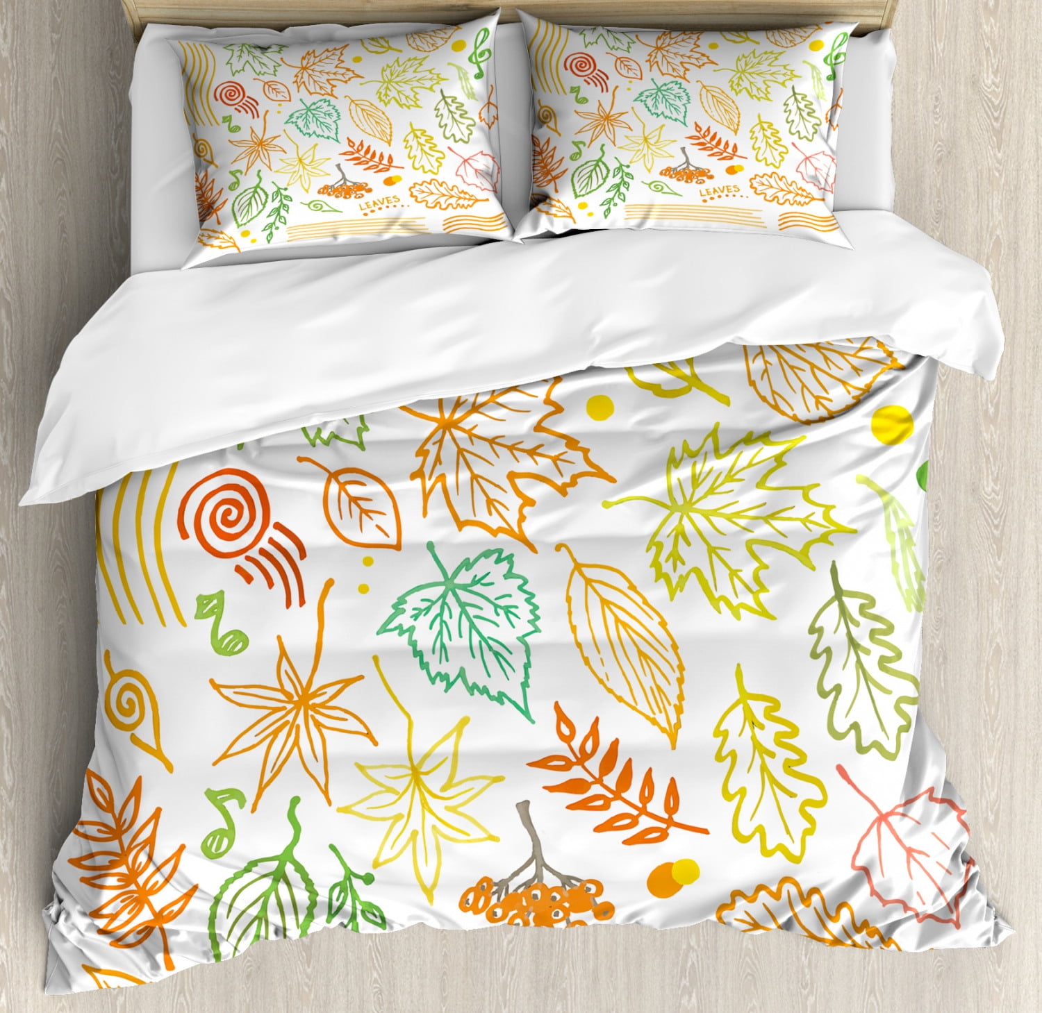 Leaves Duvet Cover Set Queen Size, Simplistic Drawing Various Leaves ...