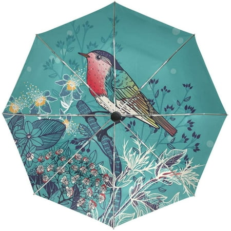 Automatic Umbrella Winter Retro Funny Bird Windproof Compact, Flowers ...
