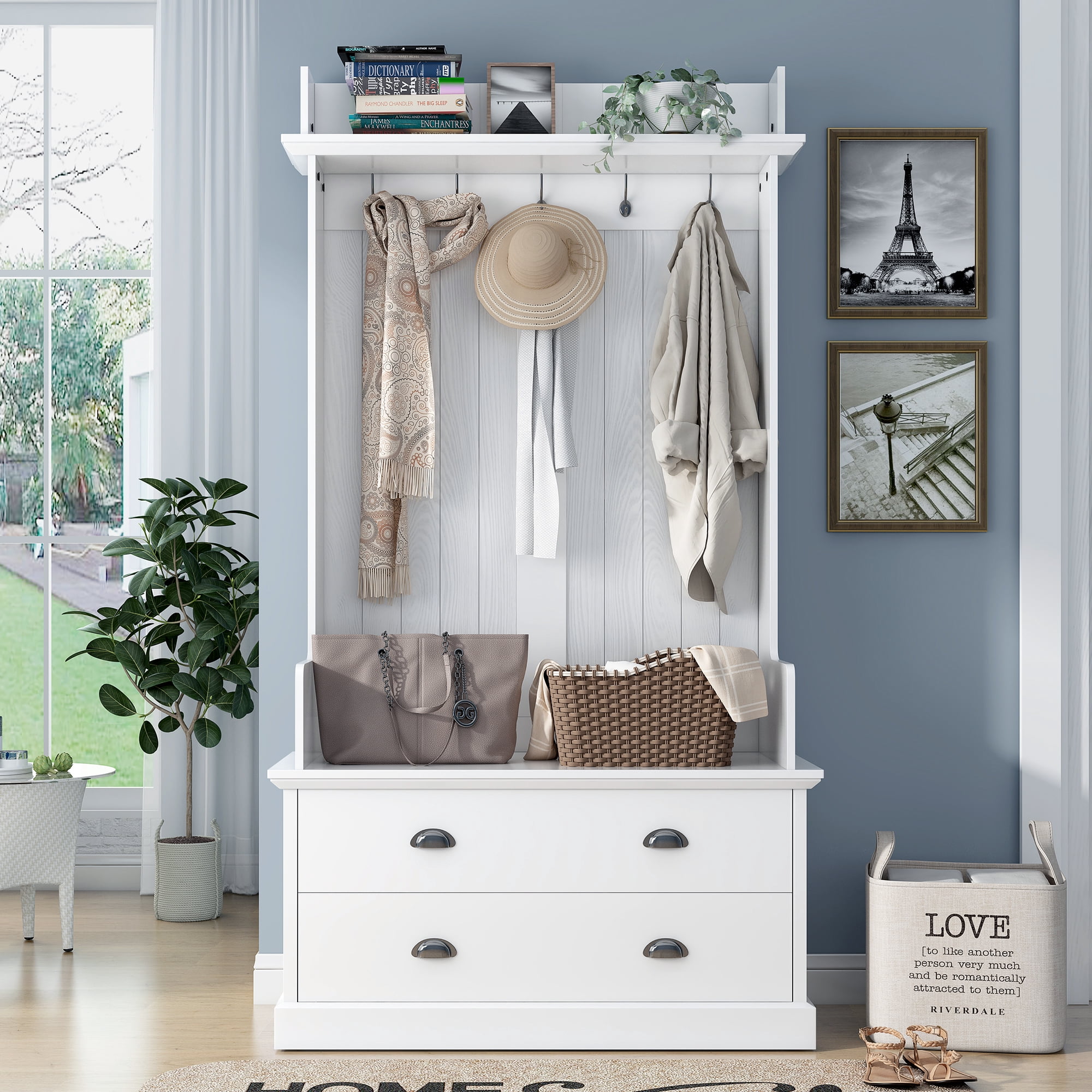 EUROCO 75" Large Entryway Hall Tree with Storage Bench and Coat Rack, 5 ...