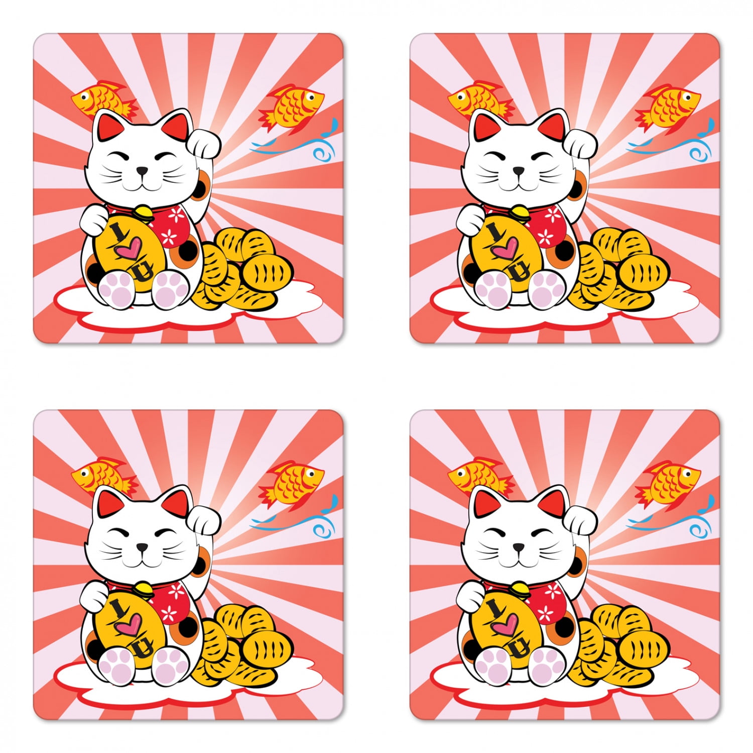 Japanese Coaster Set of 4, Cartoon Style Oriental Composition with ...