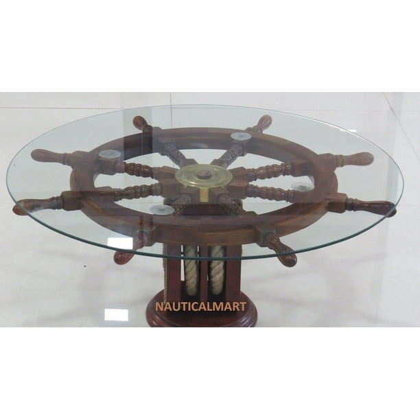 Nauticalmart 36" Ship Wheel Table with Wooden Pulley Base Home Decor ...