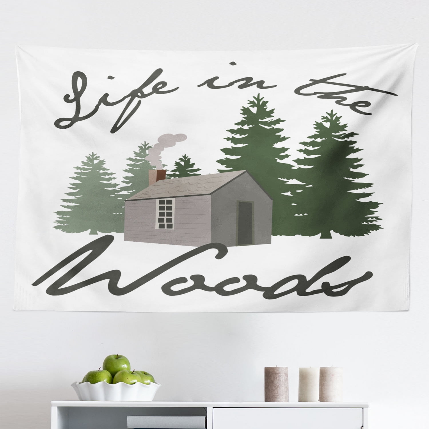 Log Cabin Tapestry, Illustration of Winter Theme Cozy Snowy Wooden ...
