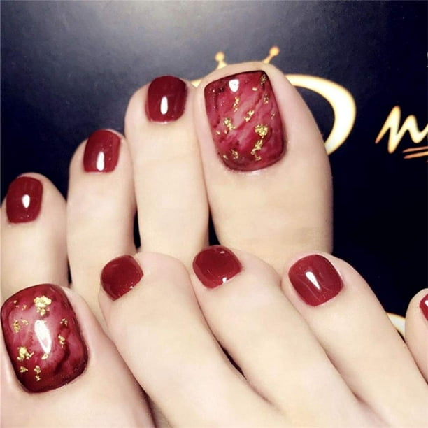 Red Press on Toenails Glossy Square Bling Glitter False Toenails Full ...