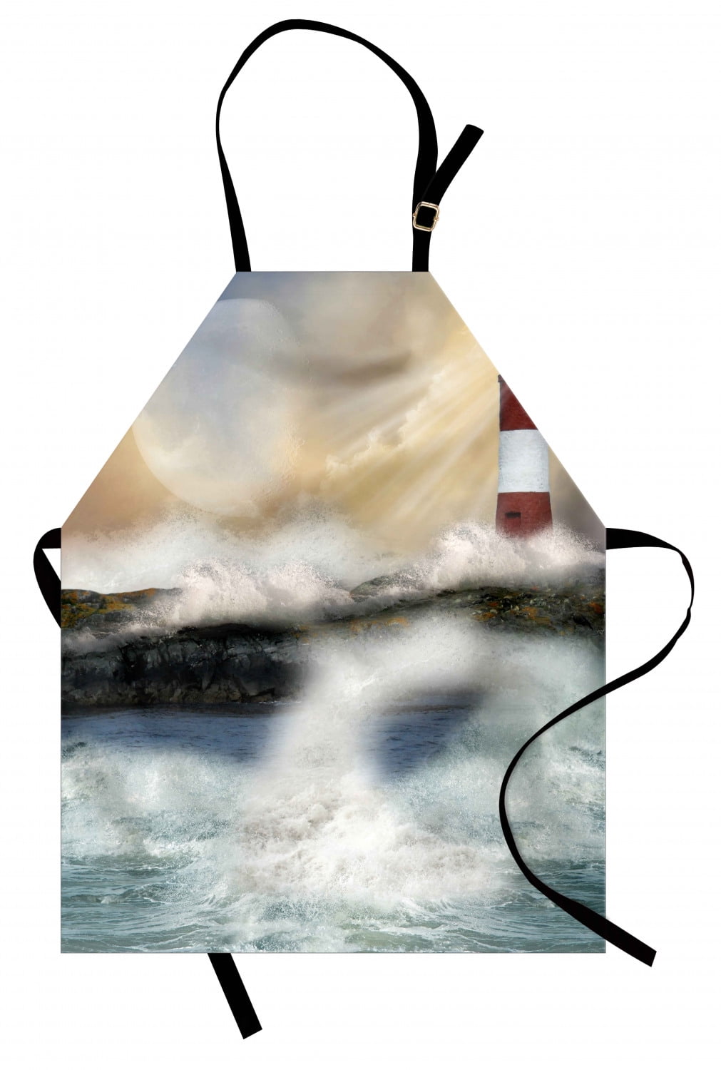 Lighthouse Apron, Oil Painting Style Art of Stormy Sea Splashing Waves ...
