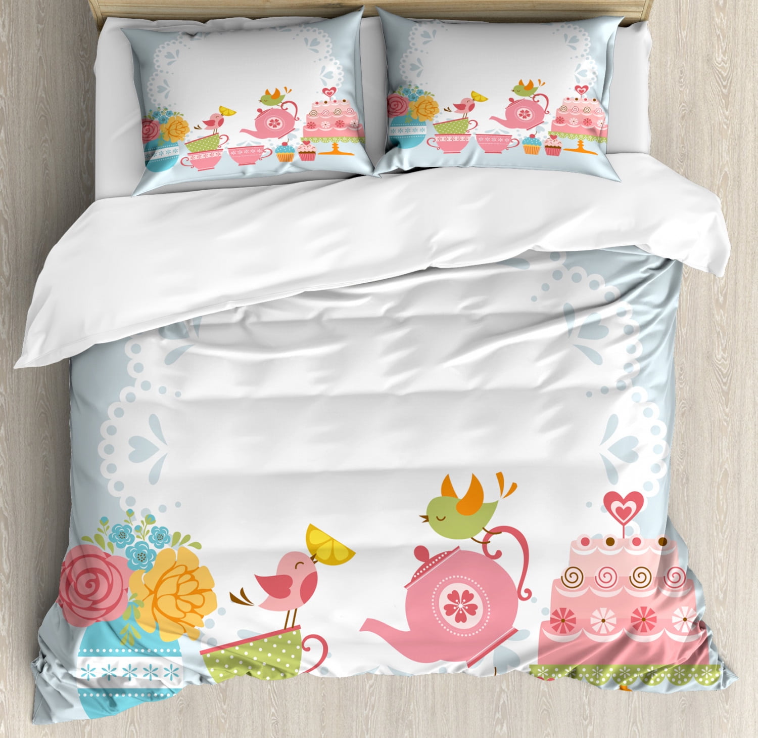 Tea Party Duvet Cover Set King Size, Two Birds Enjoying Tea and Various ...