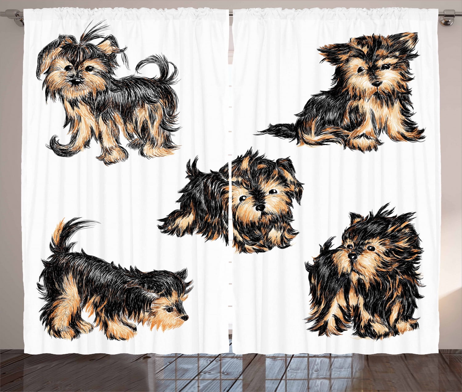 Yorkie Curtains 2 Panels Set, Hand Drawn Cute Yorkies Realistic ...