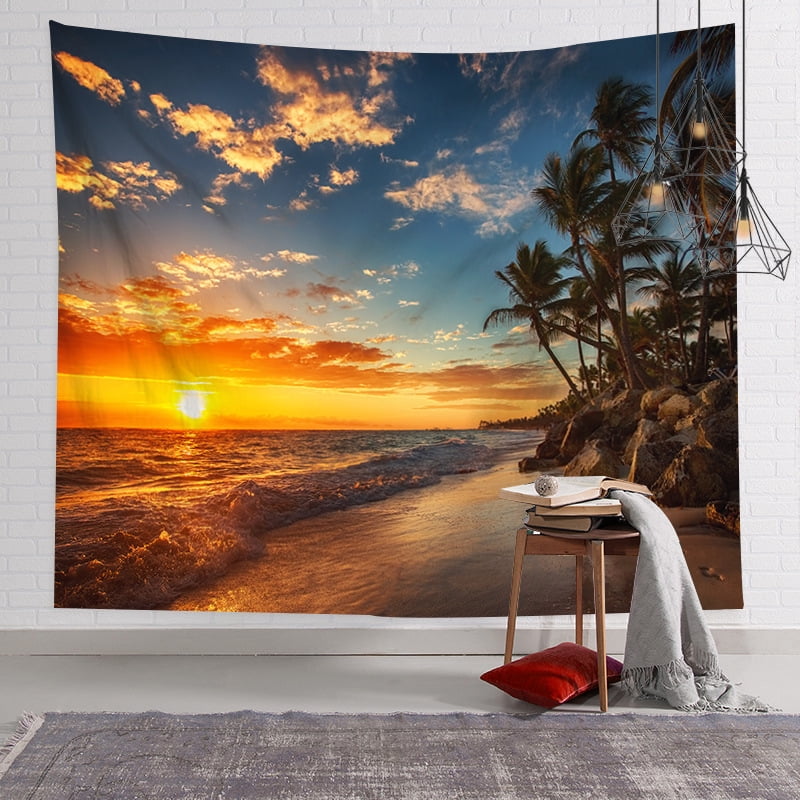 Tropical Island Backdrop Window View Coconut Trees Sea Waves Beach ...