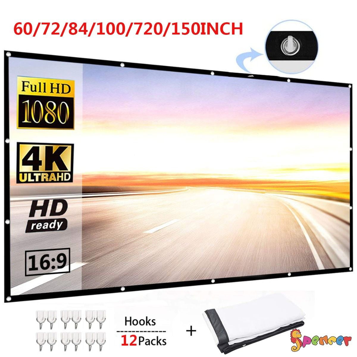 SPENCER 150"/120"/100"/84"/72"/60" 16:9 HD Foldable Projector Screen ...