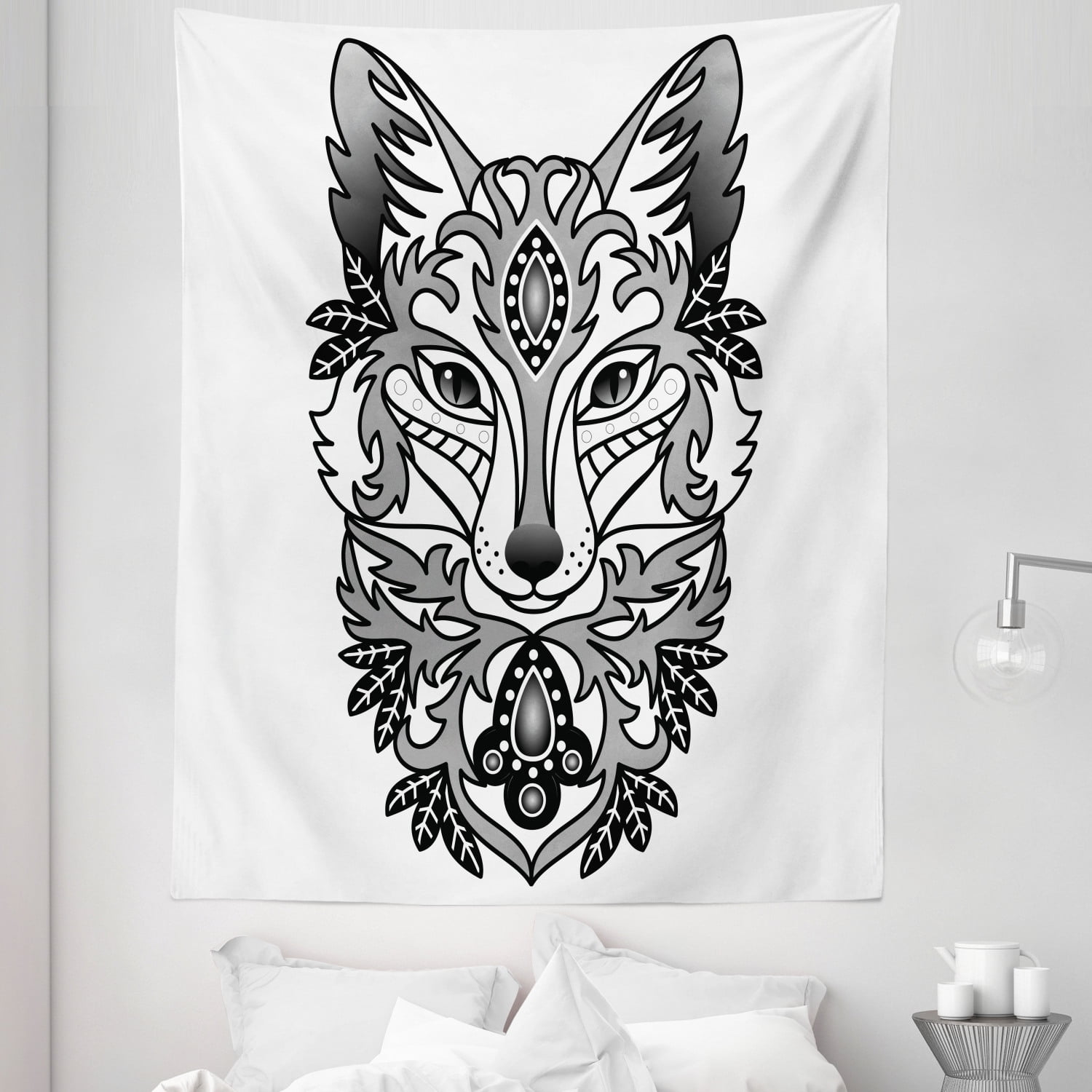 Fox Tapestry, Ornamental Fox Face with Tree Leaves Oval Shapes Dots ...