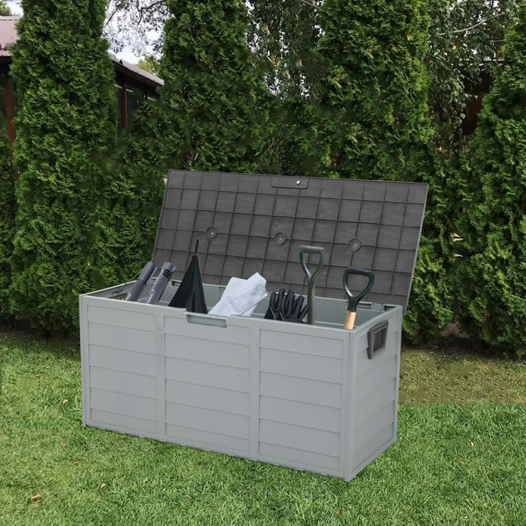 75 Gallon Plastic Yard Storage Box with 2 Wheels Lockable Seat Outdoor Storage Deck Box Chest for Backyard Porch Patio Garden All Weather