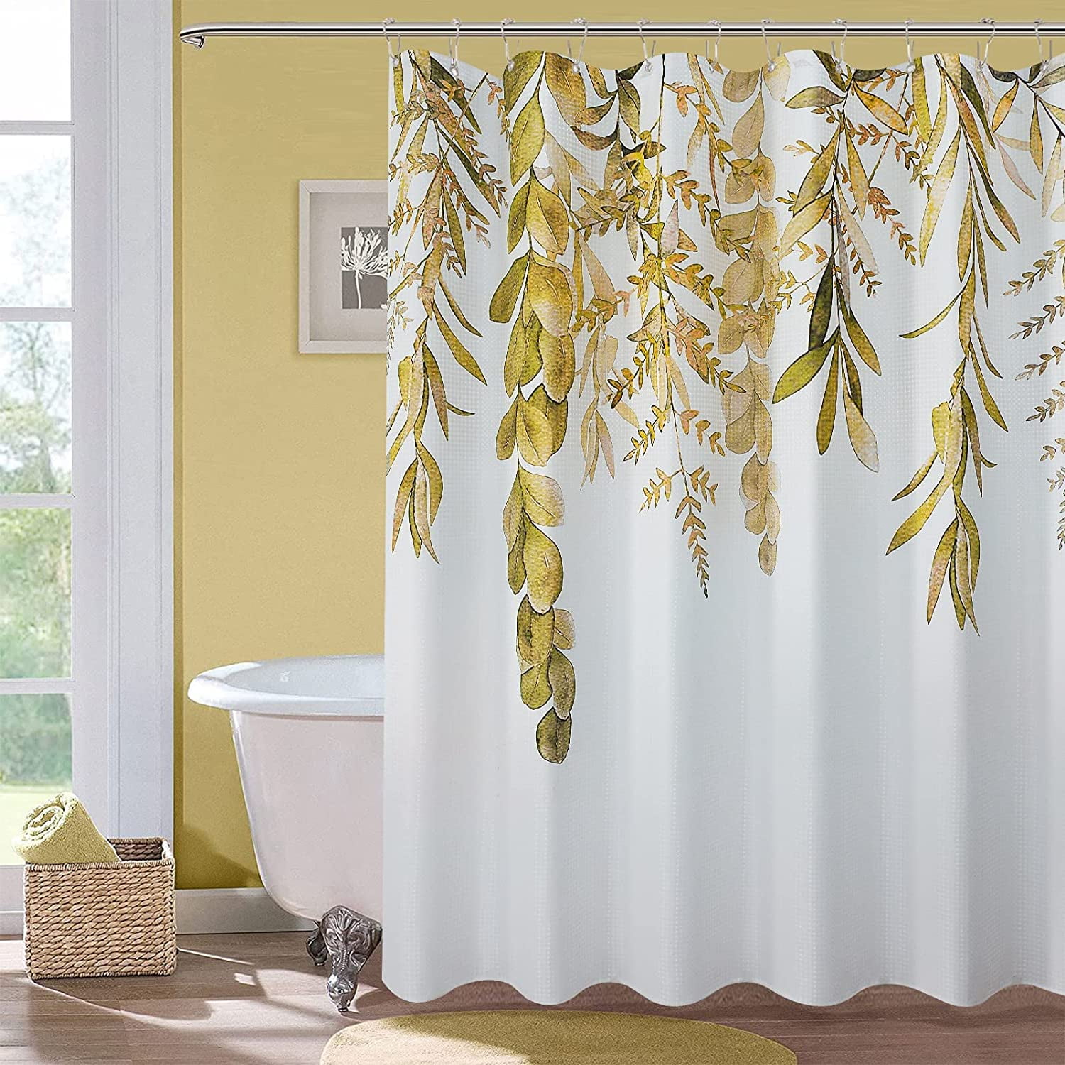 Yellow Autumn Eucalyptus Shower Curtain Gold Watercolor Leaves Plants ...