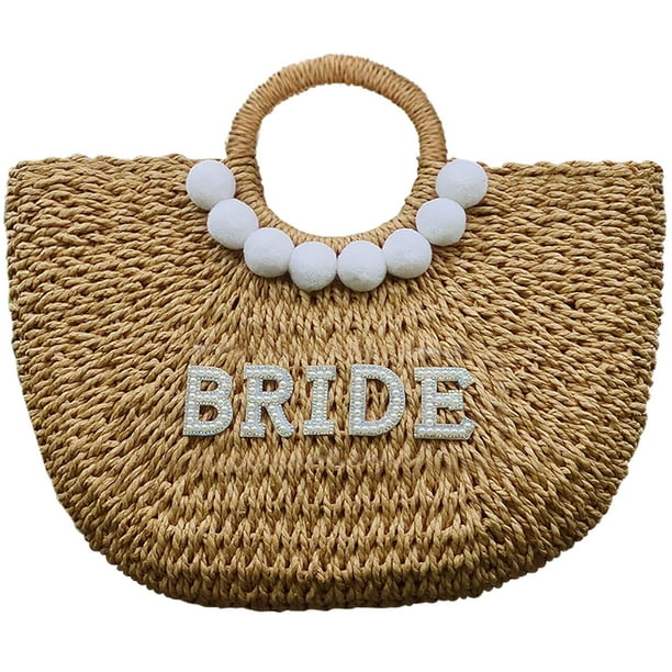 PureRejuva Handwoven Straw Beach Bag for Bride -Rhinestone & Pearl ...