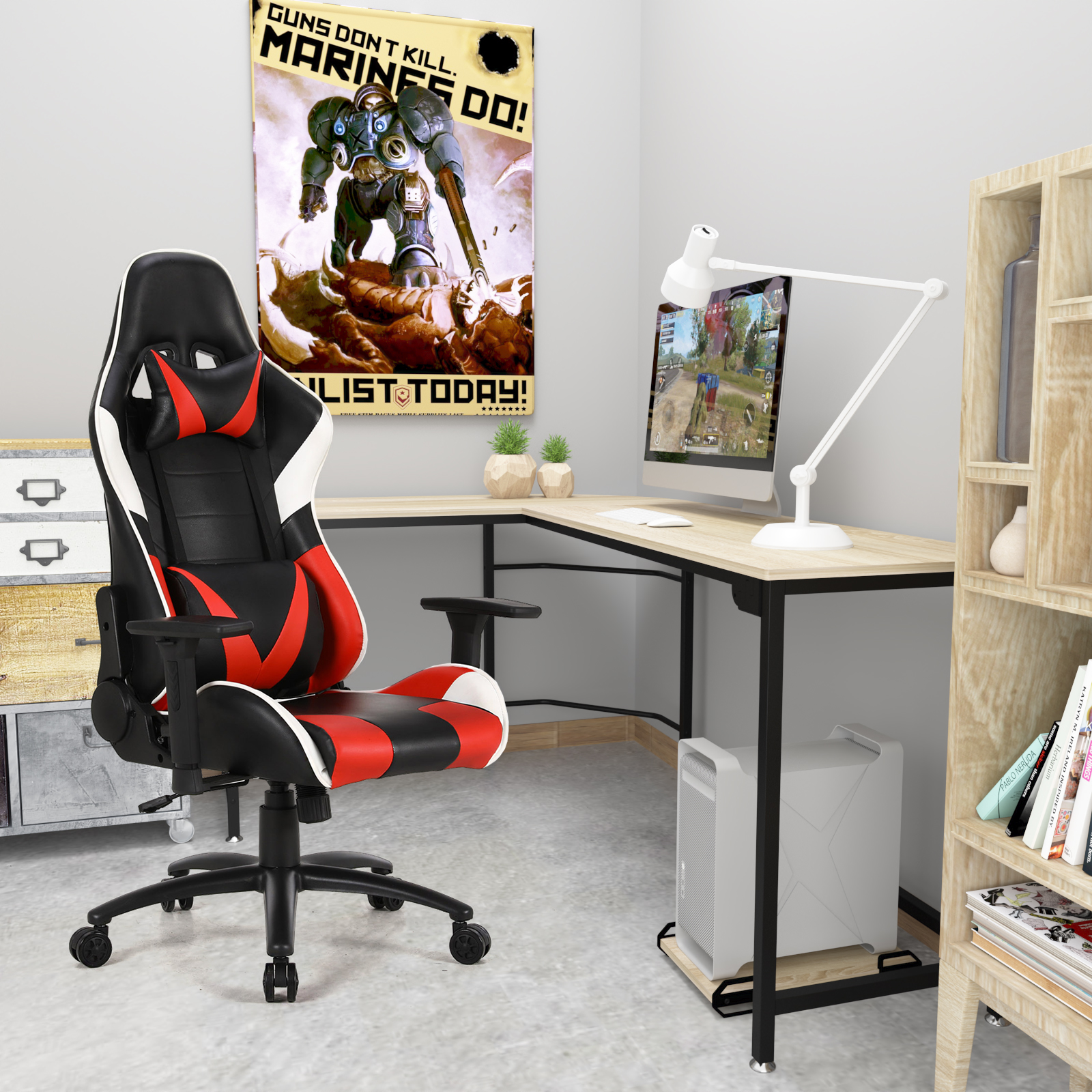 Ergonomic Gaming Chair And L shaped Computer Corner Desk Combo Home