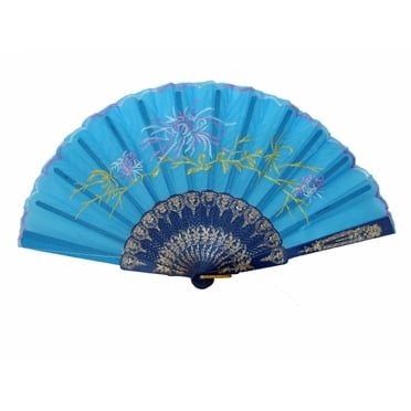 Black Slab Fabric Hand Fan with Peacock Pattern Sequin Style-blue ...