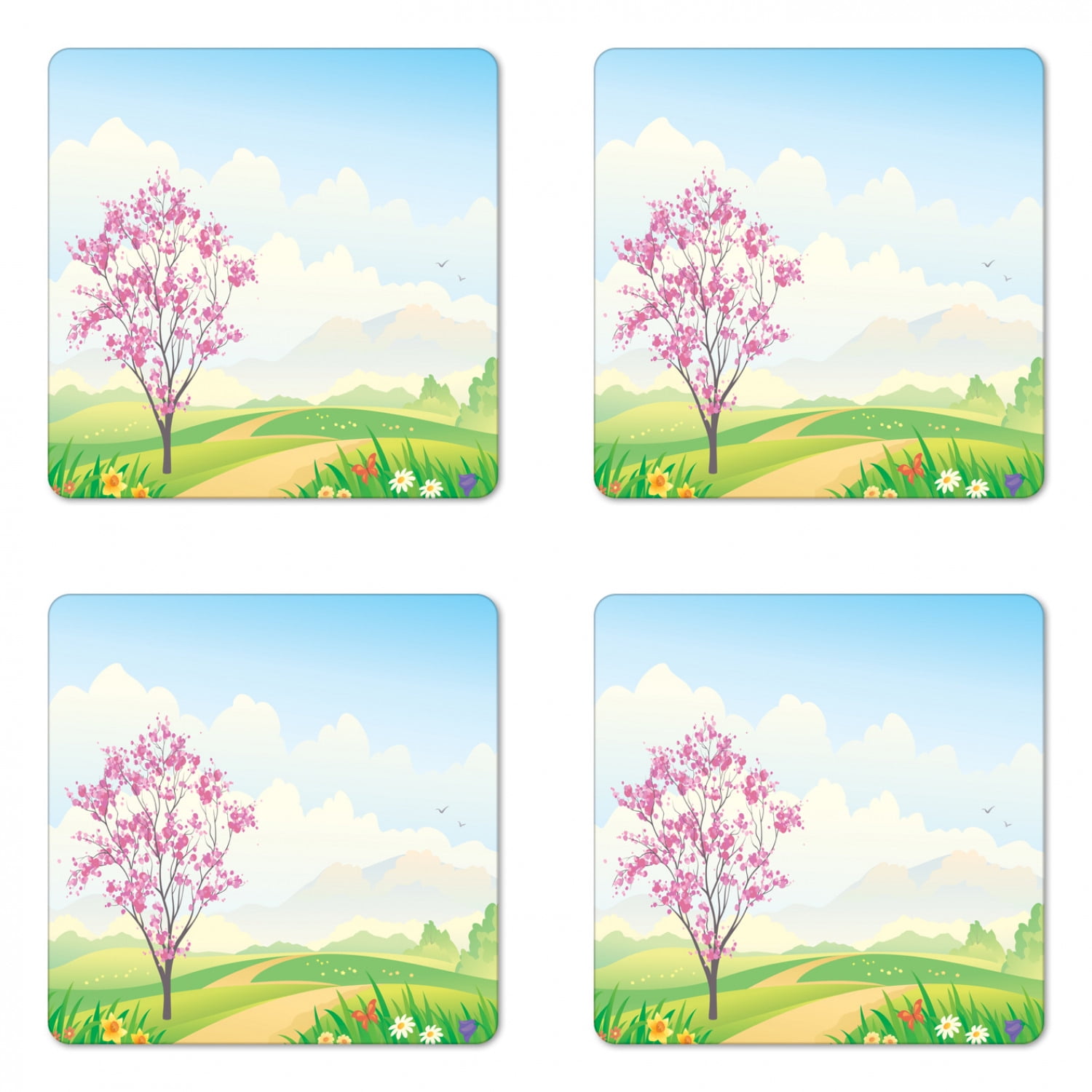 Country Coaster Set of 4, Pattern of a Spring Time Landscape with a ...