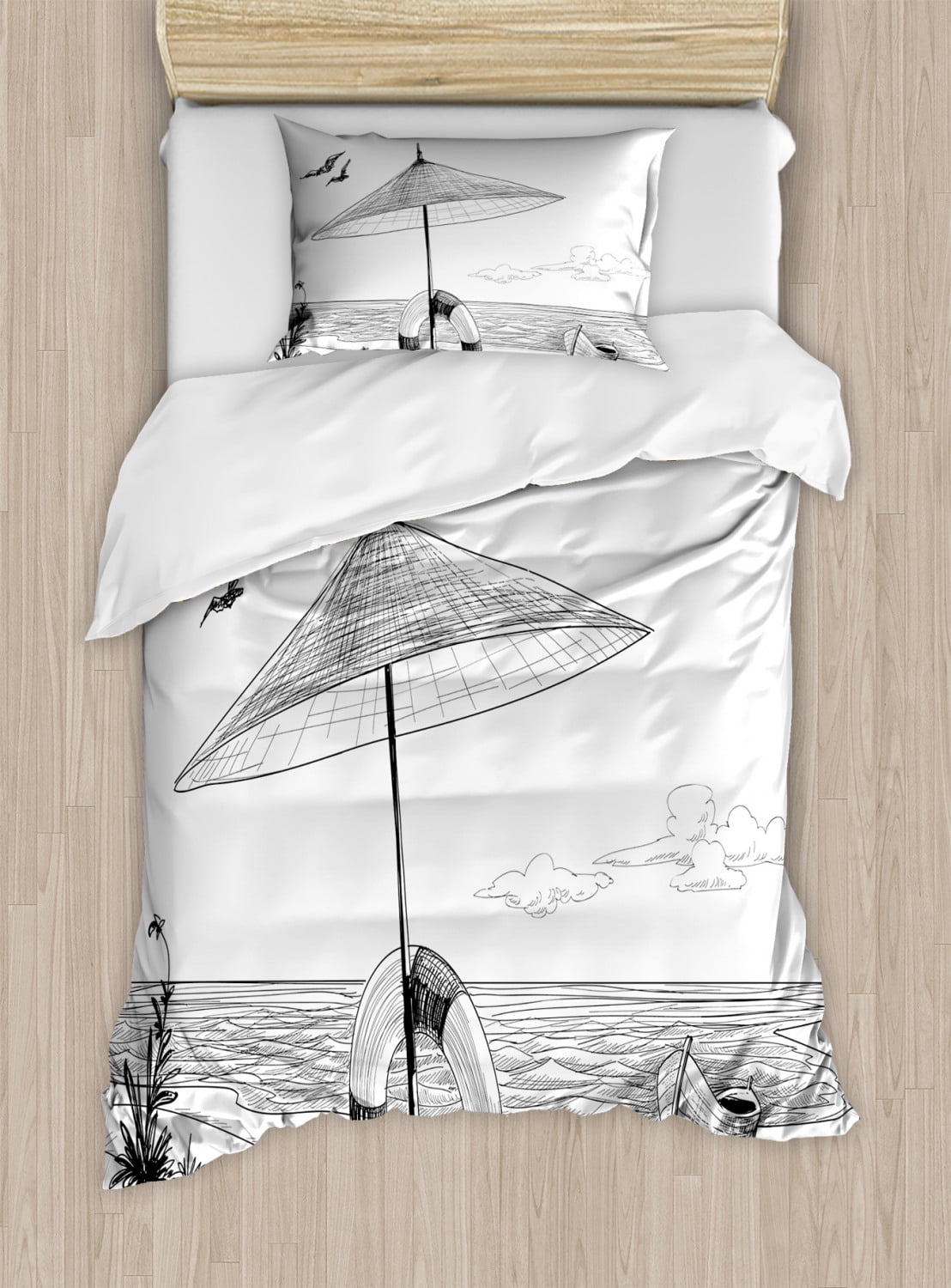 Beach Twin Size Duvet Cover Set, Doodle Style Sketch Pattern Monochrome ...