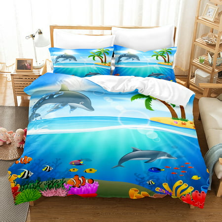 Friendly Pinch Pleated Down Alternative Comforter Comforter Pillow Covers, Marine Animal Dolphin ...
