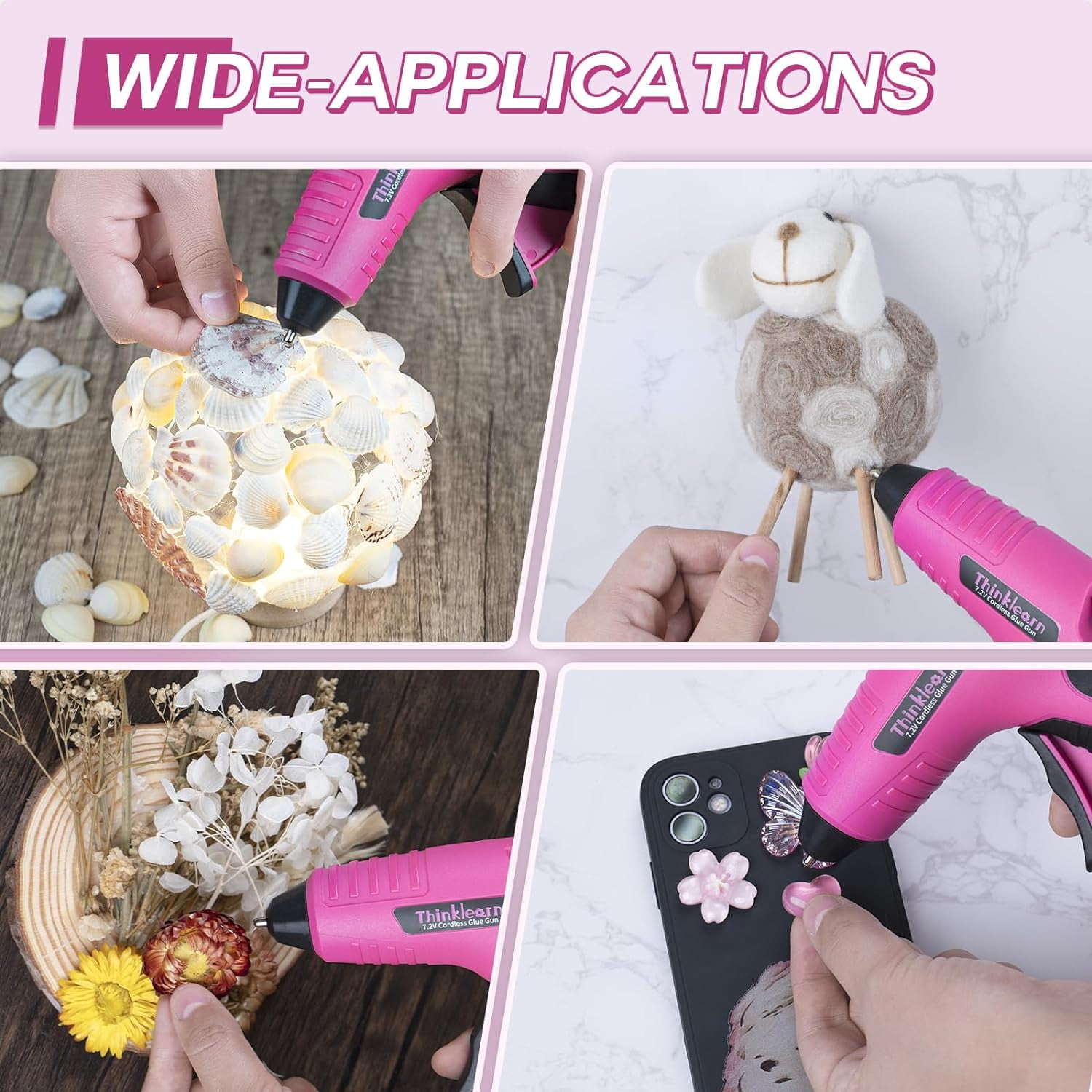 ThinkLearn Cordless Hot Glue Gun 7.2V Pink 15s Fast Preheating Glue Gun Set with 25PCS Mini Glue Sticks Rechargeable Wireless Hot Melt Glue Guns for DIY Arts Crafts Decoration Gift for Women