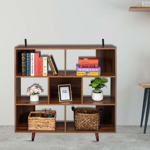 Resenkos 7 Cube Small Bookshelf,3 Tier Modern Bookcase with Legs,Wood ...
