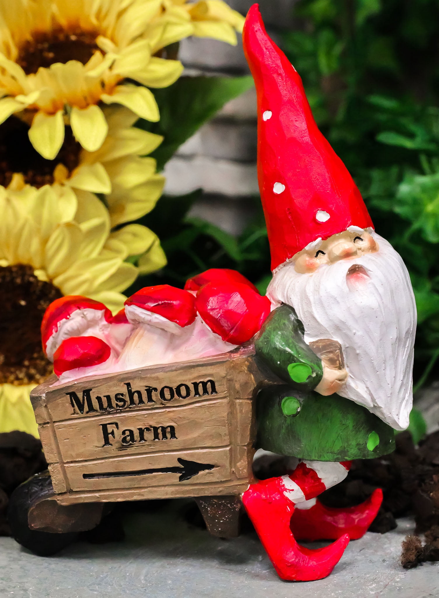Whimsical Farmer Gnome Pulling Farm Mushrooms Wheelbarrow Fairy Garden ...