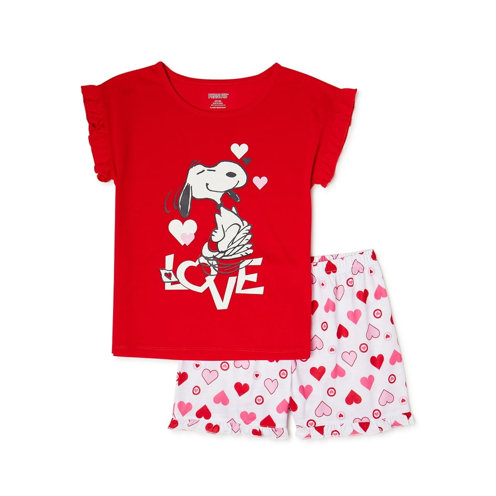 Peanuts - Peanuts Girls Snoopy Short Sleeve Top and Sleep Shorts, 2-Piece Pajama Set, Sizes 4-12 ...