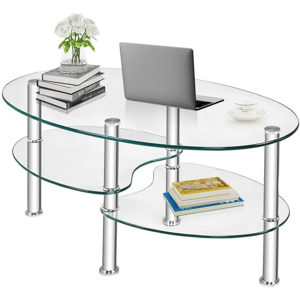 ALPULON Tempered Glass Coffee Table Oval 3-Tier Steel Tea Table for ...