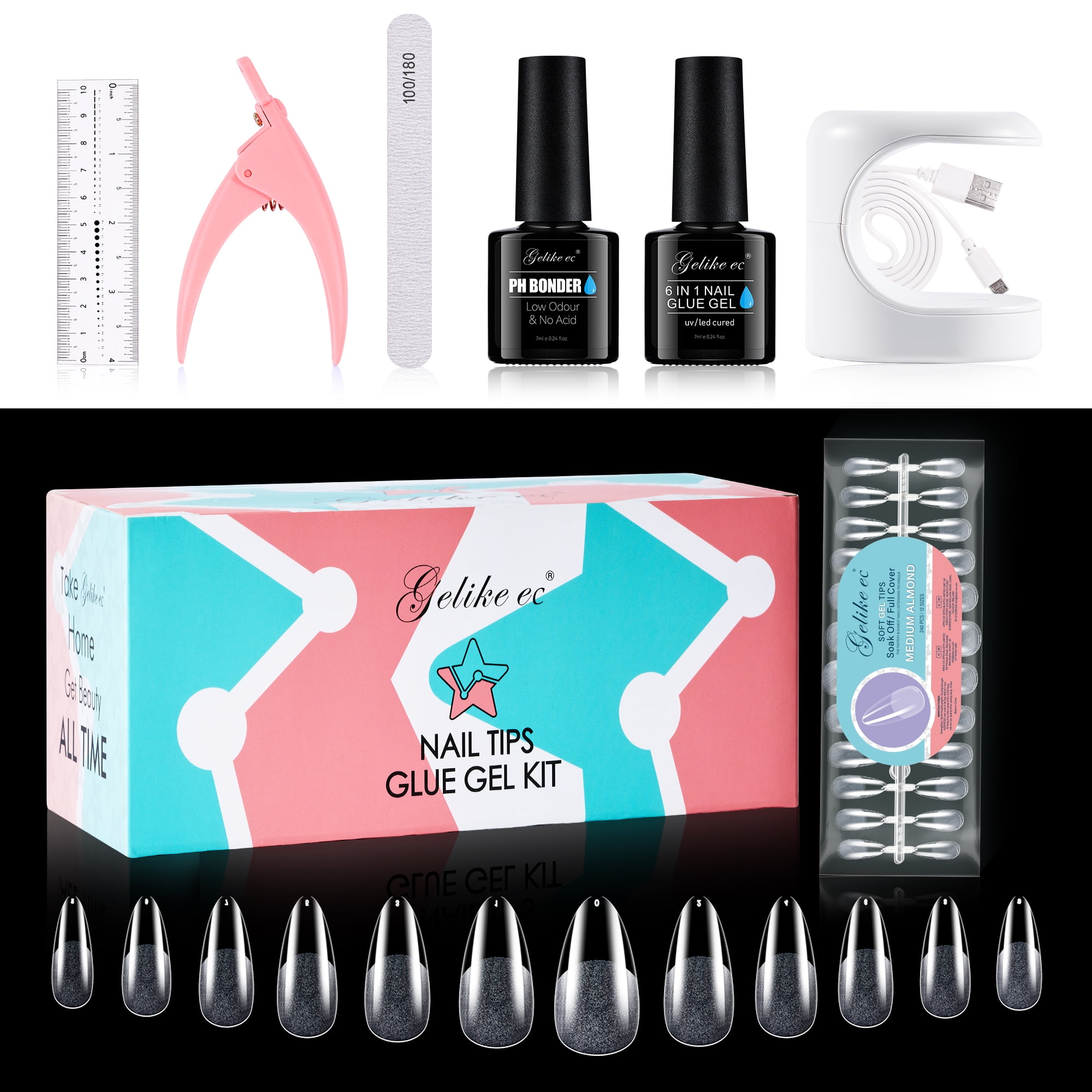 Gelike EC 240PCS Medium Almond Nail Tips and Glue Gel Nail Kit,6 In 1 ... Gelike EC 240PCS Medium Almond Nail Tips and Glue Gel Nail Kit,6 In 1 ...