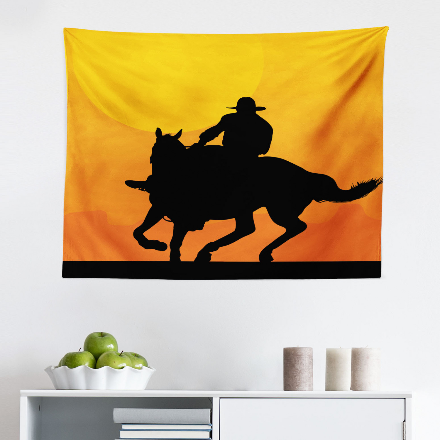 Rodeo Tapestry, Cowboy Riding a Wild Bull Minimalist Folklore Old West ...