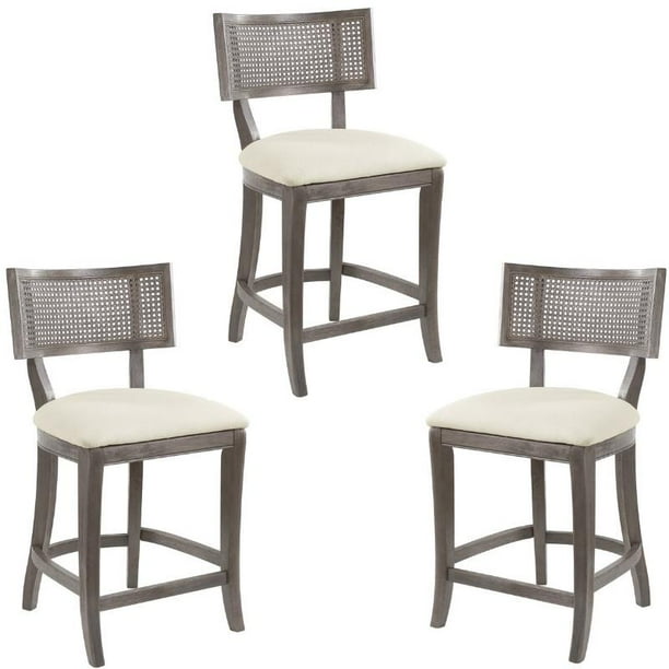 Home Square 3 Piece 26" Cane Back Linen Fabric Counter Stool Set in ...